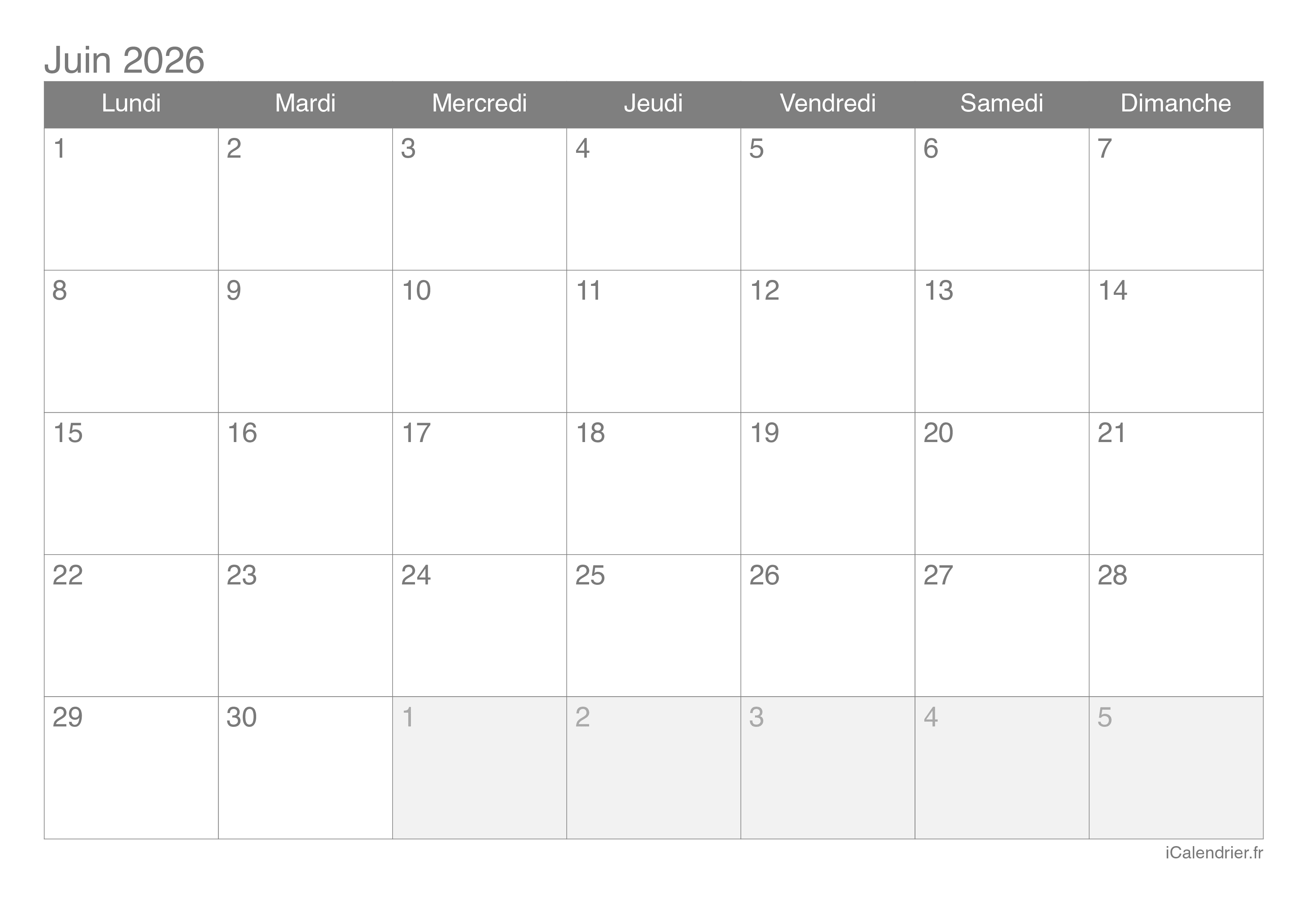 Calendrier Juin 2026 Imprimer